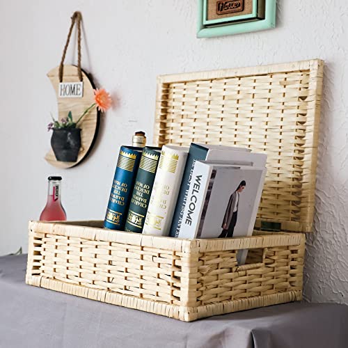 KINGWILLOW Wicker Basket with Lid, Rectangular Wooden Framed Woven Storage Bin with Inside Handles