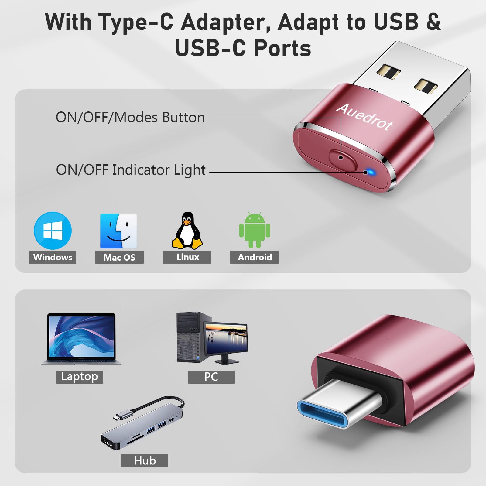 Mouse Jiggler Undetectable Metal USB Mouse Mover with Switch Button, Automatic Mouse Shaker with 2 Jiggle Modes, Driver-Free, Plug & Play, Keep Computer/Laptop Awake, with USB-C Adapter, Rose Gold