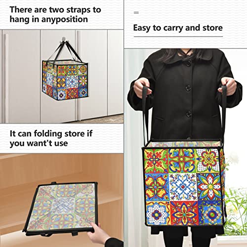 Kigai Mexican Talavera Cube Storage Bins, 13x13x13inch Collapsible Fabric Storage Cubes Organizer with Handles Decorative Storage Baskets for Home, Shelf, Closet