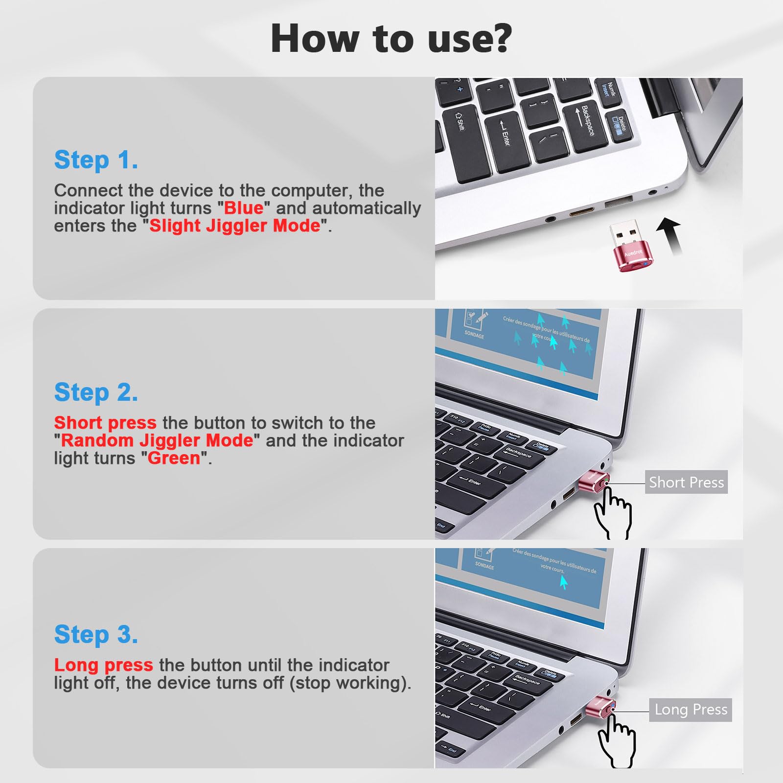 Mouse Jiggler Undetectable Metal USB Mouse Mover with Switch Button, Automatic Mouse Shaker with 2 Jiggle Modes, Driver-Free, Plug & Play, Keep Computer/Laptop Awake, with USB-C Adapter, Rose Gold