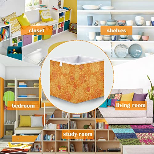 Orange and Golden Flowers Storage Bins Cubes Storage Baskets Fabric Foldable Collapsible Decorative Storage Bag with Handles for Shelf Closet Bedroom Home Gift 11" x 11" x 11"