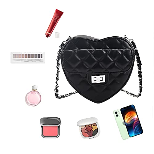 Women Girls Cute Heart Shaped Chain Shoulder Bag Plaid Embroidery Leather Evening Clutch Bag Crossbody Purse