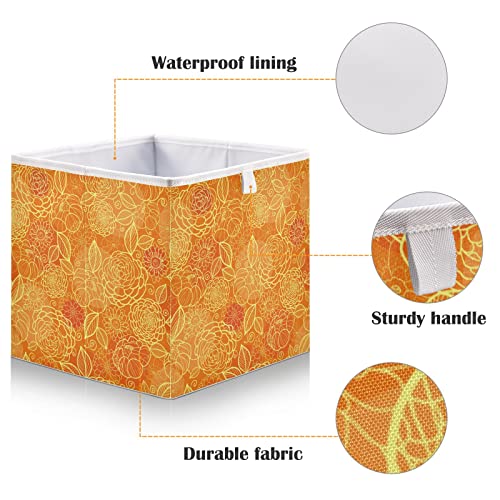 Orange and Golden Flowers Storage Bins Cubes Storage Baskets Fabric Foldable Collapsible Decorative Storage Bag with Handles for Shelf Closet Bedroom Home Gift 11" x 11" x 11"