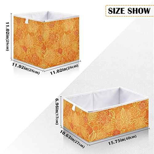 Orange and Golden Flowers Storage Bins Cubes Storage Baskets Fabric Foldable Collapsible Decorative Storage Bag with Handles for Shelf Closet Bedroom Home Gift 11" x 11" x 11"