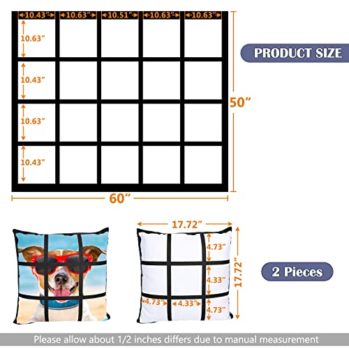 60"x50" Sublimation Blanks Throw Blanket with 20 Photo Panel Heat Press Custom Personalised Printable Panels Baby Printed Blanket Flannel Fleece 2 PCS Pillow Cover Throws Bed Sofa Couch Home Bedroom
