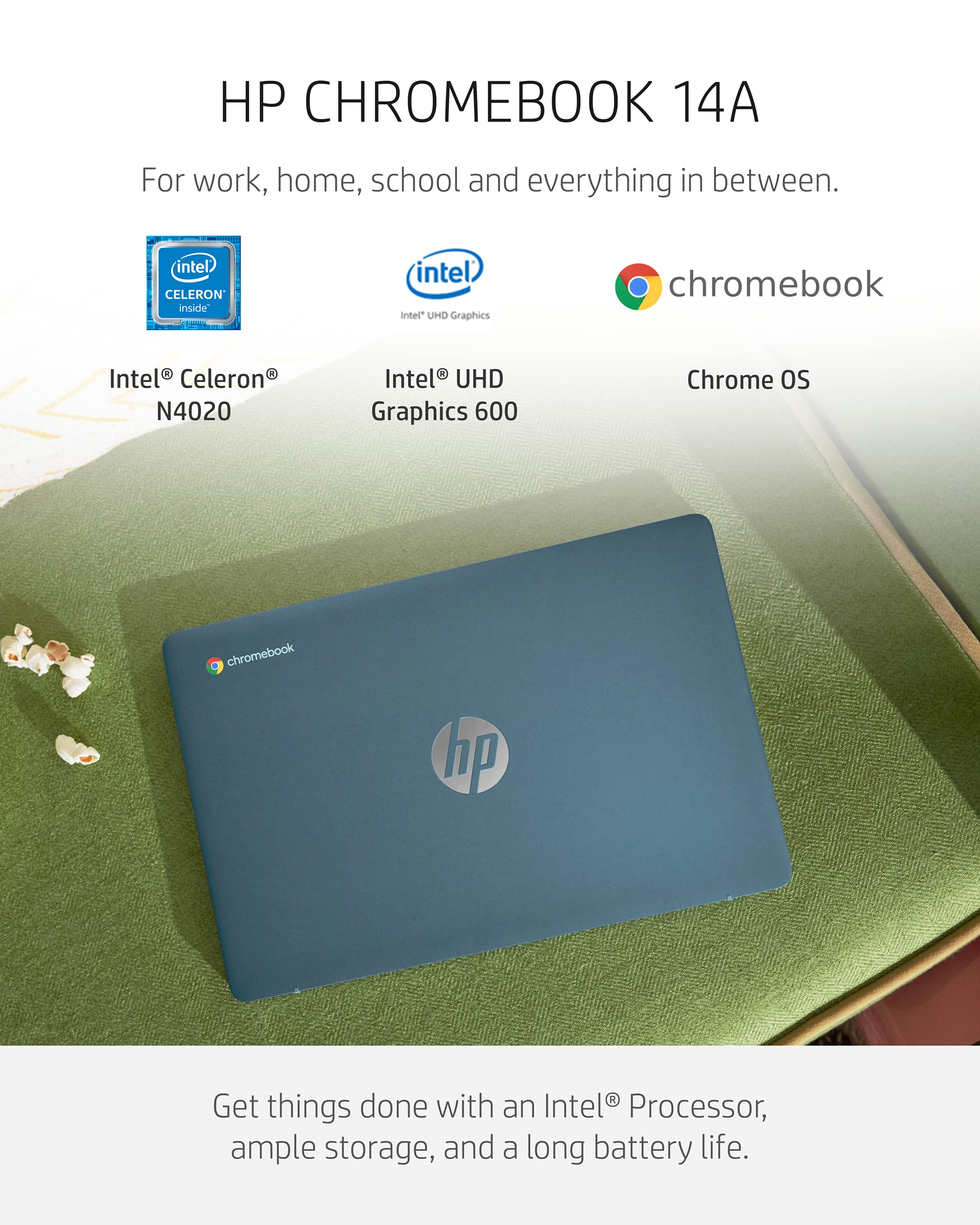 HP Chromebook 14 Laptop, Intel Celeron Processor, 4 GB RAM, 32 GB eMMC, 14” FHD (1920 x 1080) Chrome OS, Webcam & Dual Mics, Work, Entertainment, School, Long Battery Life (14a-na0180nr, 2021)