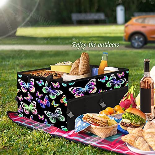 BOLIMAO Car Trunk Organizer Butterflies Black Background Back Seat Large Organizer Cargo Storage with Dividers Collapsible Trunk Cargo Organizer Tote Bag for Groceries SUV Sedan Camper Camping