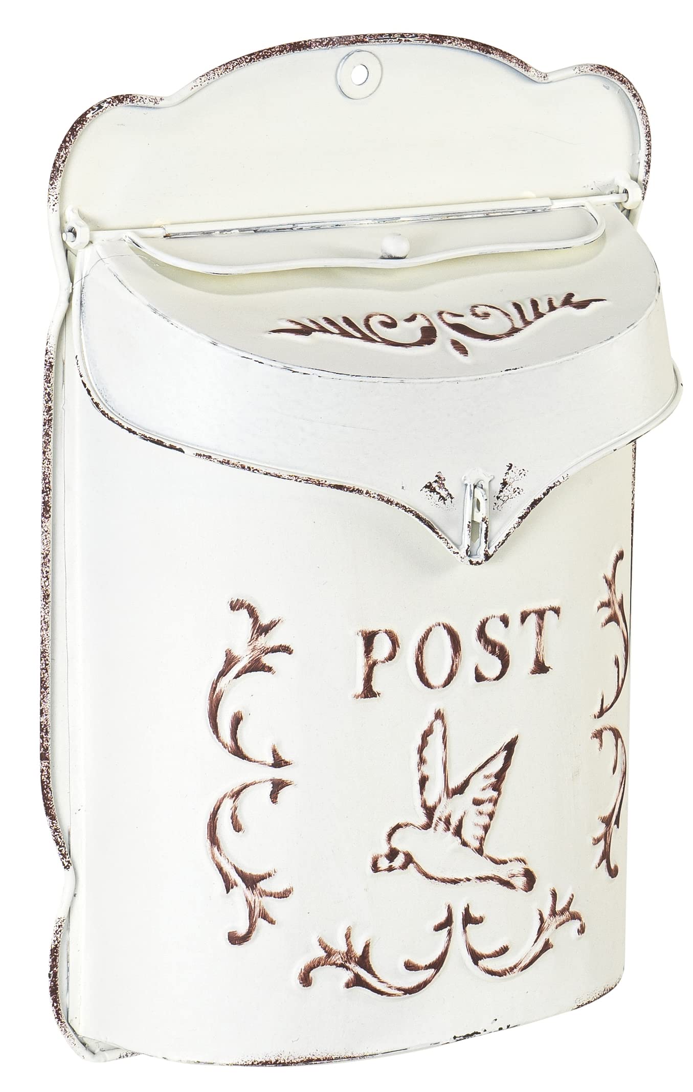 Red Co. 10.5” x 15.5” Aged White Shabby Chic Metal Wall-Mounted Embossed Post Mailbox Decoration
