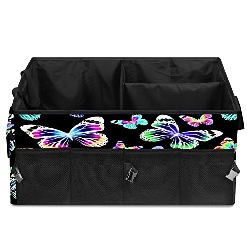 BOLIMAO Car Trunk Organizer Butterflies Black Background Back Seat Large Organizer Cargo Storage with Dividers Collapsible Trunk Cargo Organizer Tote Bag for Groceries SUV Sedan Camper Camping