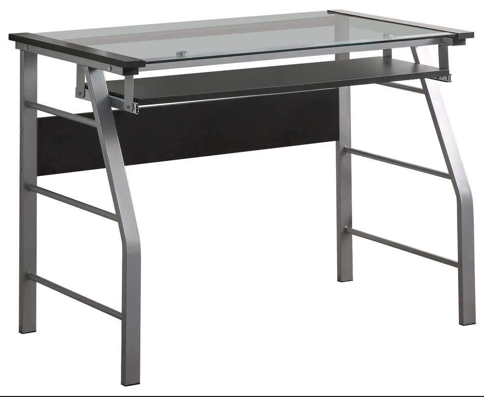 Kings Brand Furniture Computer Desk with Keyboard Tray - Silver Metal & Glass Top Home Office Desk, Gaming Desk for Laptop & Desktop Computer for Students, Remote Worker, & Gamer