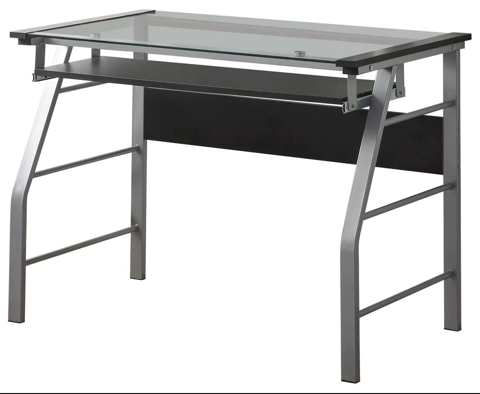 Kings Brand Furniture Computer Desk with Keyboard Tray - Silver Metal & Glass Top Home Office Desk, Gaming Desk for Laptop & Desktop Computer for Students, Remote Worker, & Gamer