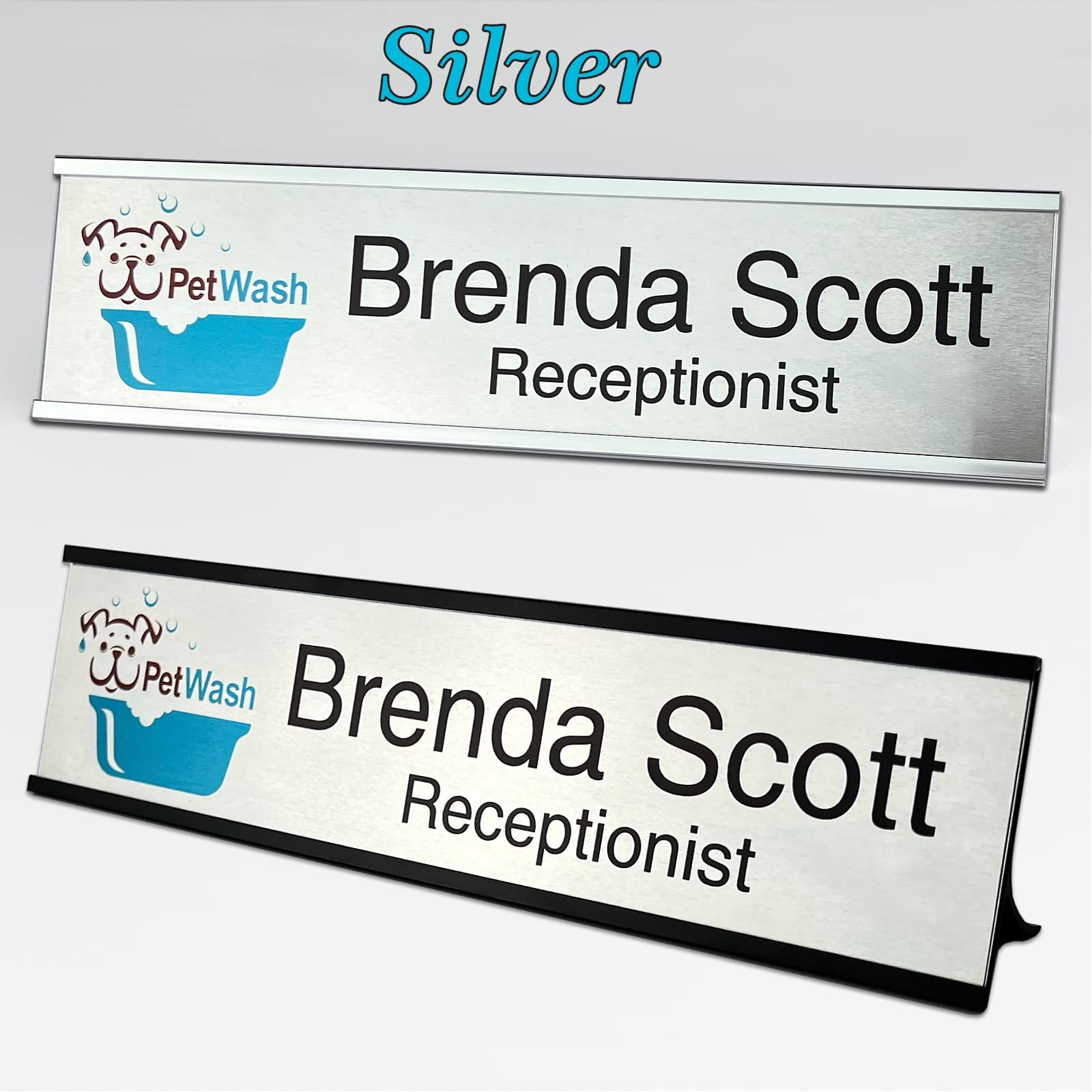 2" x 8" Personalized Aluminum Name Plates, Custom Office Desk or Wall Name Plates, Can Add Custom Logo Image and Texts, Two Name Plates Colors Silver, White, Holders are Optional (Custom Image+Text)