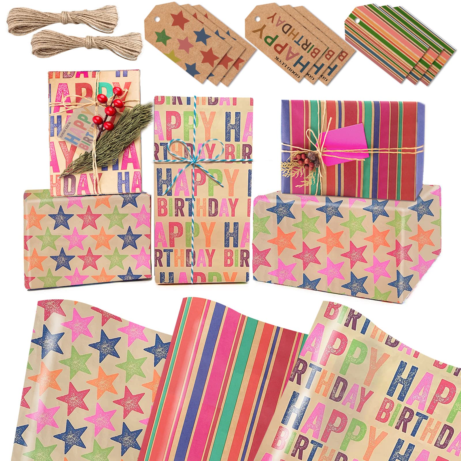 Jatidne 9 Sheets Gift Wrapping Paper Birthday with Tags and Strings Flat Brown Gift Wrap for Birthdays, Graduations