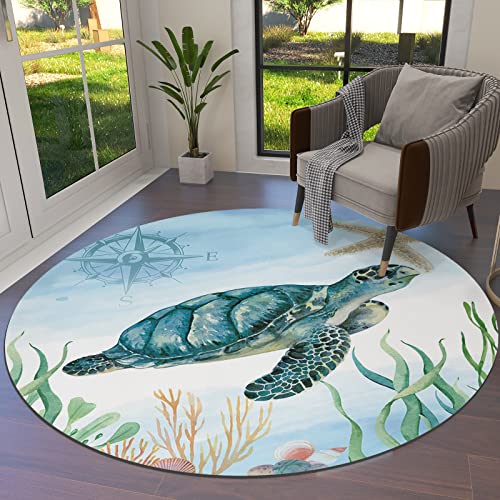 Ocean Life Round Area Rug 5 Ft, Sea Turtle Starfish World Underwater Pattern Soft Throw Rug Non-Slip Washable Carpet for Kid's Room, Nursery, Living Room, Bedroom, Teen's Room, Modern Home Decor