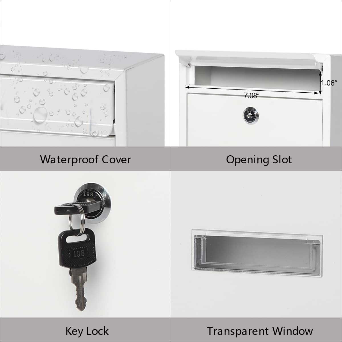 Kasten Wall Mounted Vertical Mailbox with Key Lock, Medium Capacity Hanging Secure Postbox for Outside, 12.6 x 8.5 x 3.4 Inch, White