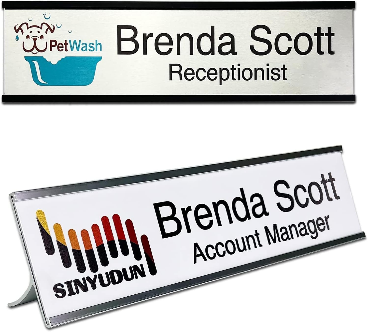 2" x 8" Personalized Aluminum Name Plates, Custom Office Desk or Wall Name Plates, Can Add Custom Logo Image and Texts, Two Name Plates Colors Silver, White, Holders are Optional (Custom Image+Text)