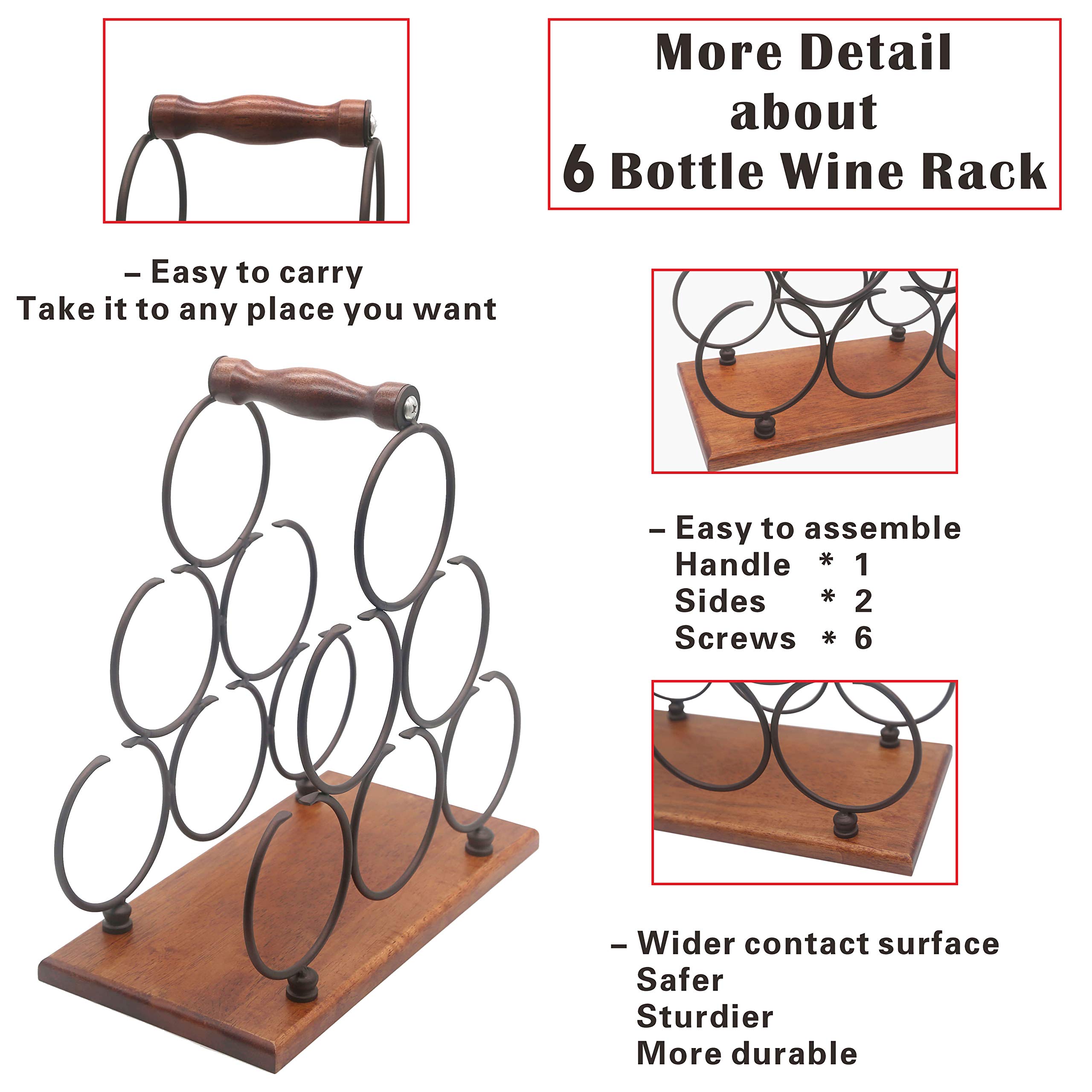 Countertop Wine Rack, Tabletop 6 Bottles Wood Wine Holder, Sturdy Handle, 3-Tier Rustic Classic Design, Simple Assembly, Wood & Metal (Copper)