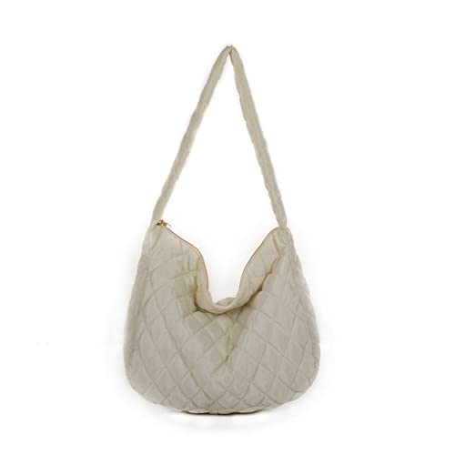 Women Shoulder Bag Lattice Pattern Shoulder Bag Large Capacity Tote Bags Space Cotton Quilted Shopper Bag(white)