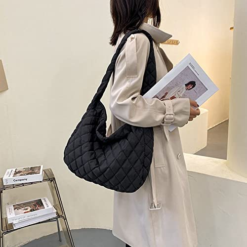 Women Shoulder Bag Lattice Pattern Shoulder Bag Large Capacity Tote Bags Space Cotton Quilted Shopper Bag(white)
