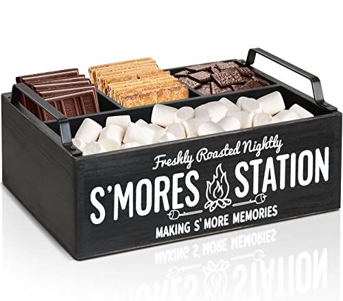 S'Mores Station, Farmhouse S'mores Bar Holder with Handles, Smores Caddy, Smores Accessories Organizer, Smores Supplies Container Box, Smores Maker Box for Smores Kit, Smores Serving TrayďźBlack)