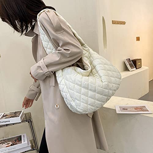 Women Shoulder Bag Lattice Pattern Shoulder Bag Large Capacity Tote Bags Space Cotton Quilted Shopper Bag(white)