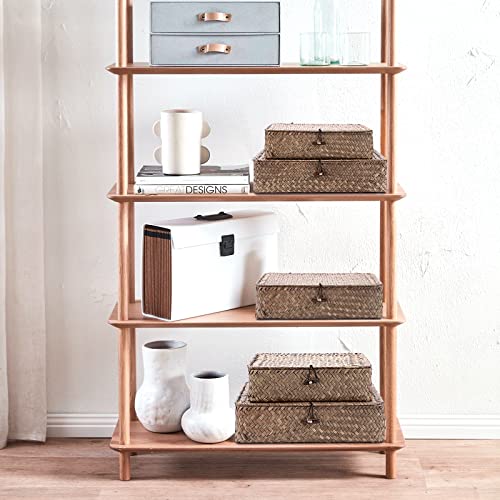 Hipiwe Flat Wicker Basket Bins with Lid - Set of 3 Handwoven Seagrass Storage Basket Shelf Baskets Boxes Multipurpose Home Organizer Bins Boxes for Shelf Pantry Closet,Large Size 14.8"x13"