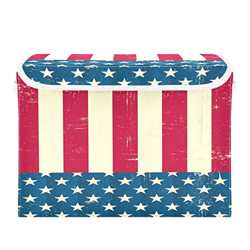 Blueangle Collapsible Storage Boxes 1 Pack, American Vintage Flag Storage Baskets with Lids and Handle for Home Bedroom Closet Office（276）