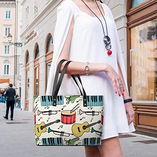 Womens Handbag Piano Guitar Drum Pattern Leather Tote Bag Top Handle Satchel Bags For Lady