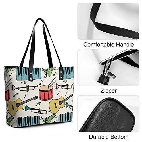 Womens Handbag Piano Guitar Drum Pattern Leather Tote Bag Top Handle Satchel Bags For Lady