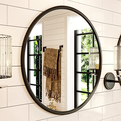 Growsun 24'' Black Round Mirror, Circle Wall Mirror for Bathroom Vanity, Entryway Living Room with Metal Frame for Home Decor