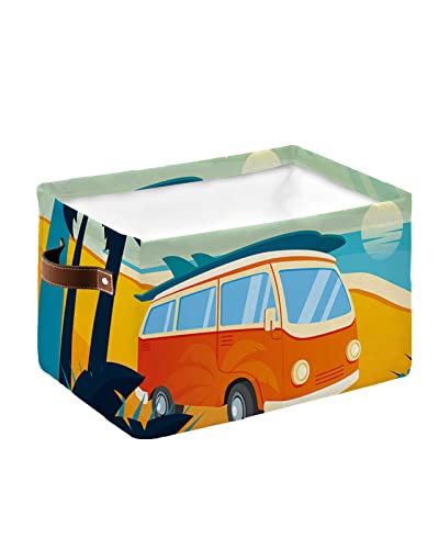 Summer Travel Storage Bin for Shelves with Leather Handles, 15 X 11 X 9.5 Inches Waterproof Storage Bins for Clothes Toy Blanket Books Organizers Storage Tropical Palm Trees and Seaside Bus