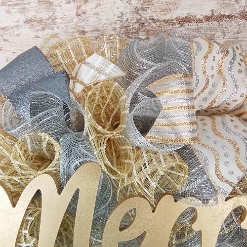 Silver Gold Ivory Christmas Wreath - Traditional Mesh Holiday Door Decor - Gold Ivory Cream TB7