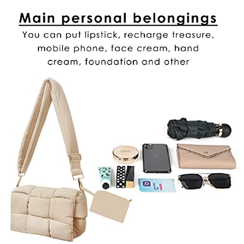 NAARIIAN puffer woven shoulder bag padded cassette handbag with coins organizer nylon light weight women crossbody purse(Khaki)