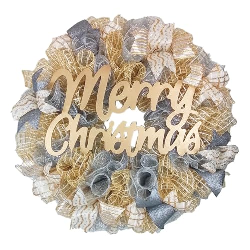 Silver Gold Ivory Christmas Wreath - Traditional Mesh Holiday Door Decor - Gold Ivory Cream TB7
