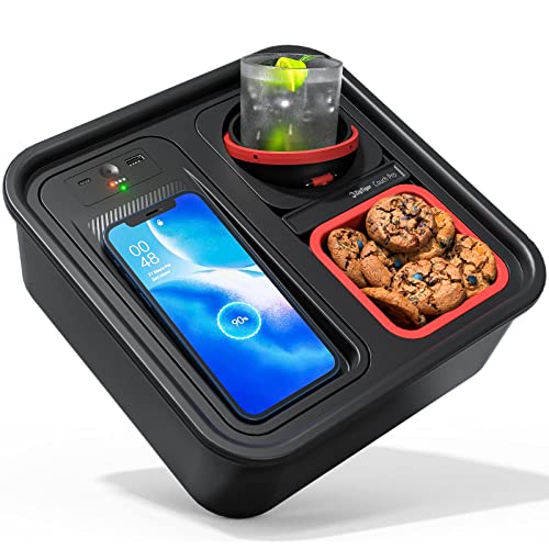 Zigtiger Cup Holder Tray with Wireless Power Bank, Couch Tray Couch Caddy with Cup Holder Sofa Drink Snack Caddy, Couch Organizer, Self Balancing Console for Sofa, Couch, Bed, Car, Beach, Video, Game