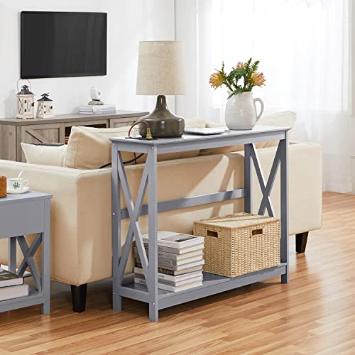 Yaheetech 2-Tier Console Table Narrow Wood Sofa Table with Power Outlets for Entryway Hallway Living Room Corridor, X-Shaped Design,Gray
