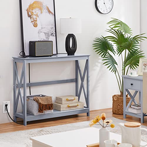 Yaheetech 2-Tier Console Table Narrow Wood Sofa Table with Power Outlets for Entryway Hallway Living Room Corridor, X-Shaped Design,Gray