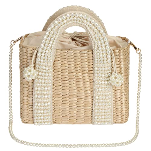 FUSMIC Women's Handbag Straw Handmade Artificial Pearl Rattan Weave Tote Shoulder Bag Beige