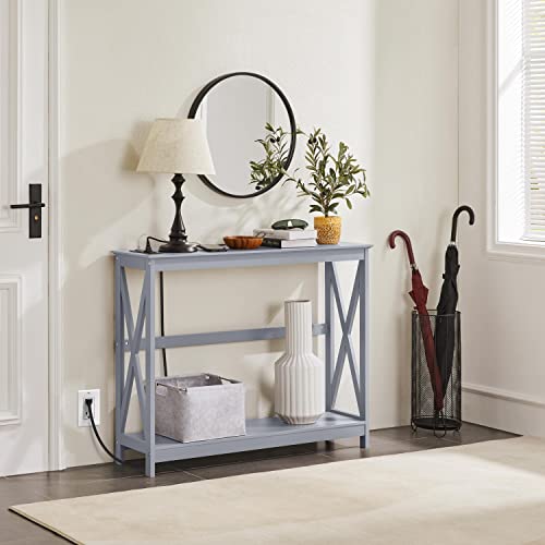 Yaheetech 2-Tier Console Table Narrow Wood Sofa Table with Power Outlets for Entryway Hallway Living Room Corridor, X-Shaped Design,Gray