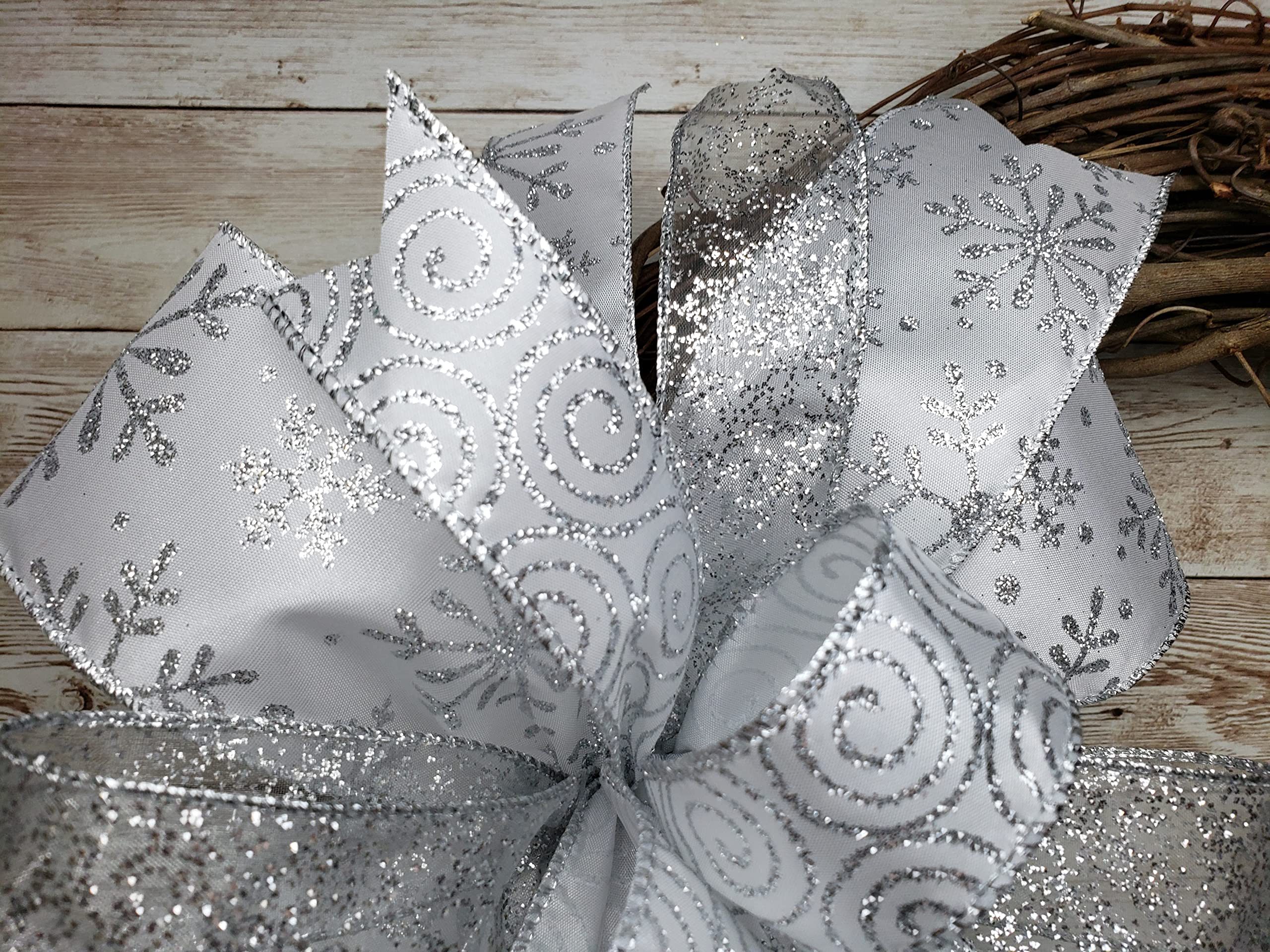 Christmas Winter Silver White Snowflake Bow for Wreath 10 inches