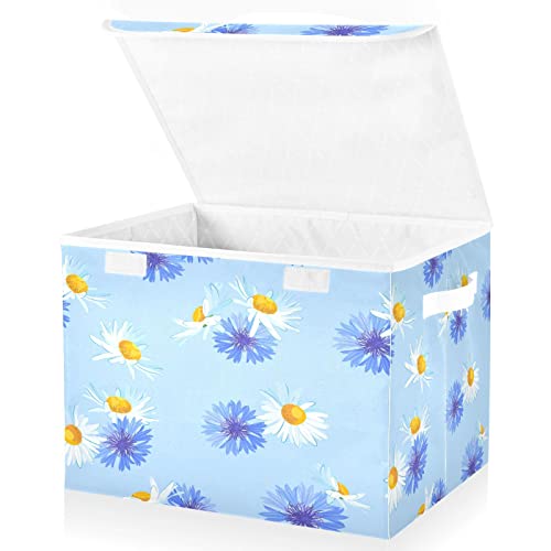 GOODOLD Art Daisy Storage Bins with Lids, 16.5x12.6x11.8in Large Collapsible Fabric Storage Boxes with Handles, Stackable Cube Organizer Containers for Closet Home Office