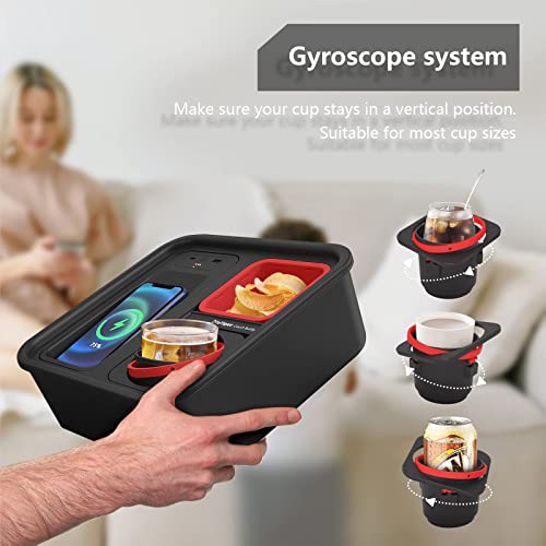 Zigtiger Cup Holder Tray with Wireless Power Bank, Couch Tray Couch Caddy with Cup Holder Sofa Drink Snack Caddy, Couch Organizer, Self Balancing Console for Sofa, Couch, Bed, Car, Beach, Video, Game