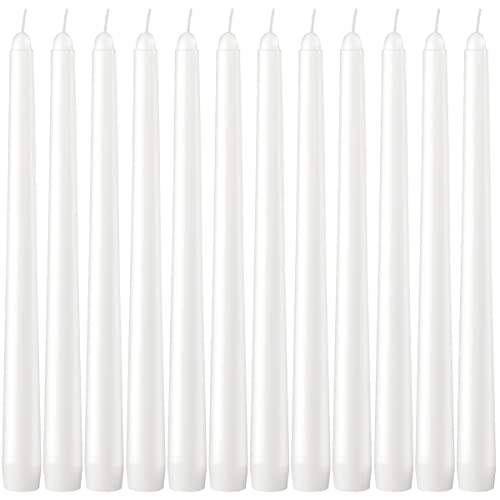 12 Pack Tall Taper - 10 Inch White Dripless, Unscented Dinner Candle - Paraffin Wax with Cotton Wicks - 7.5-8 Hour Burn Time