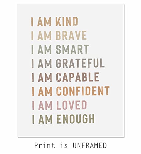 Affirmations Art Print for Kids, Classroom Wall Art, I am Enough, Kid's Bedroom, Rainbow Affirmations Print, I am Kind Smart Loved, Inspirational Nursery Decor, Unframed (11X14 INCH)