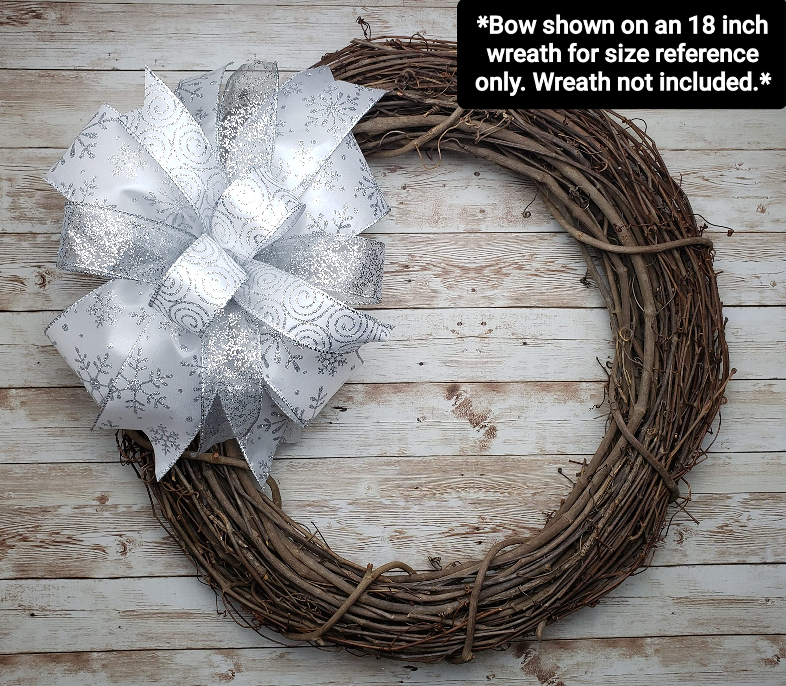 Christmas Winter Silver White Snowflake Bow for Wreath 10 inches