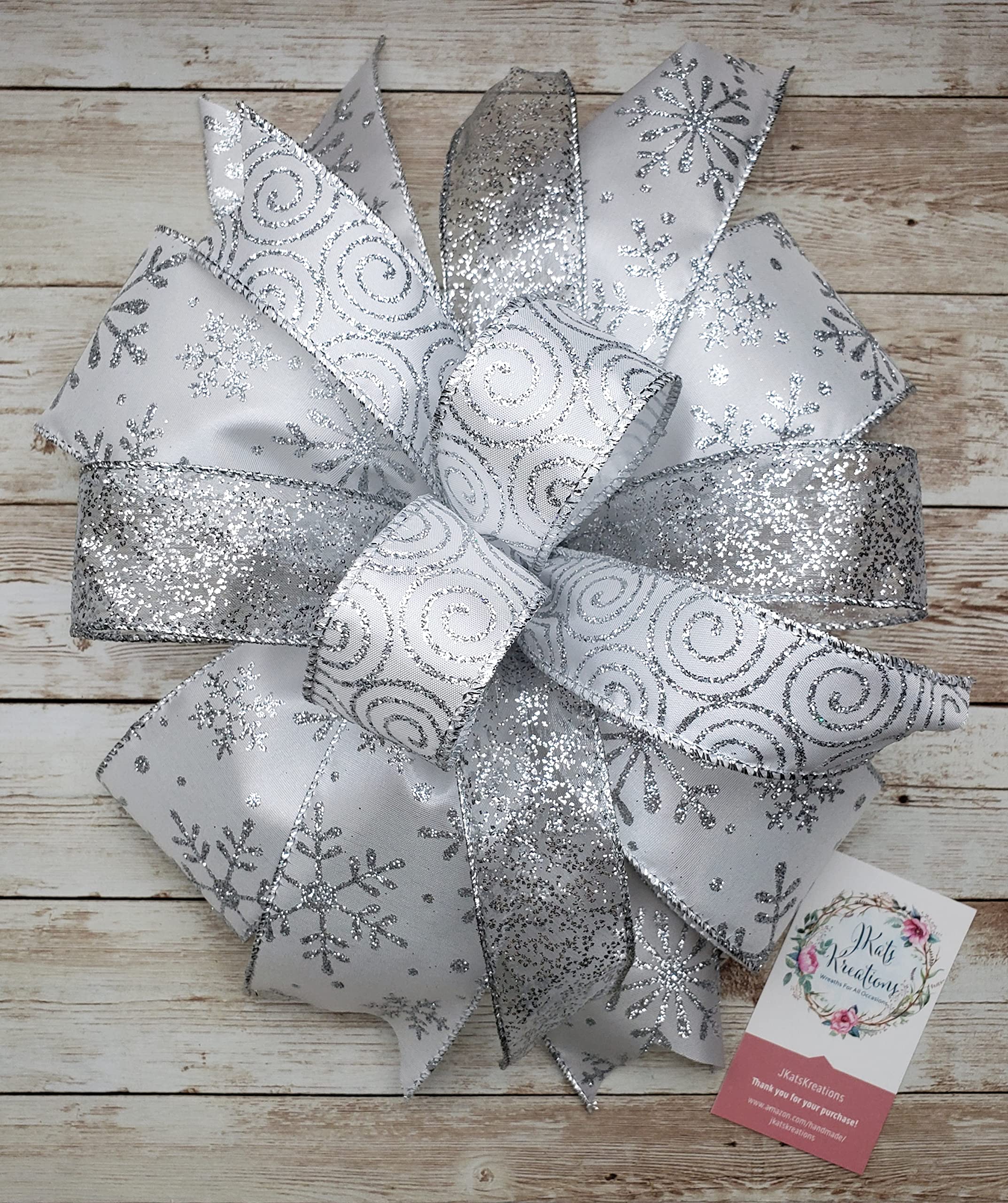 Christmas Winter Silver White Snowflake Bow for Wreath 10 inches