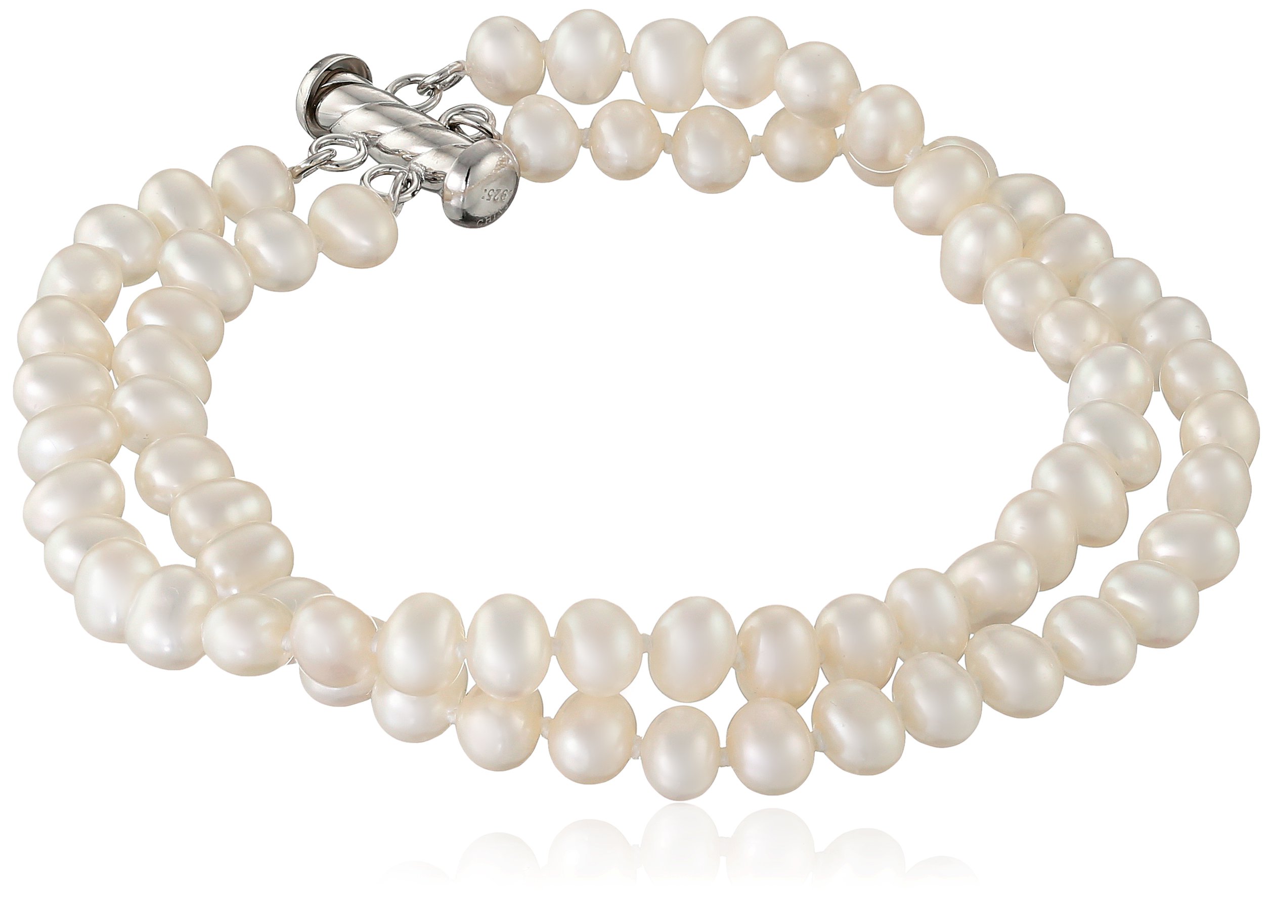 Sterling Silver 2-Row White Freshwater Cultured A Quality Pearl Bracelet (5-5.6mm), 8"
