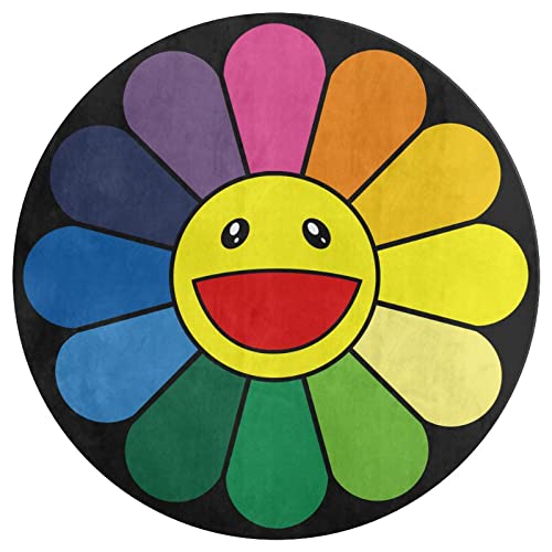 Takashi Murakami Sunflower Round Floor Mat Modern Home Decor Carpet Area Rug Non-Slip Door mat,for Indoor Living Dining Room Bedroom 3 Ft