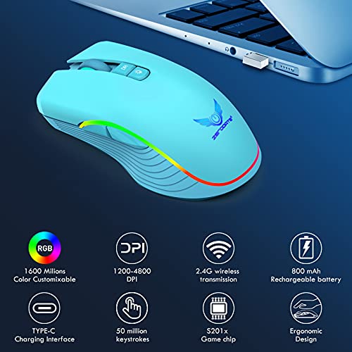 HETOETF Rechargeable Wireless Gaming Mouse, RGB LED Backlit Mouse with 4 Adjustable DPI, 7 Button, 2.4G USB Optical Gaming Ergonomic Computer Mice for Laptop PC Gamer Computer Desktop(Green)