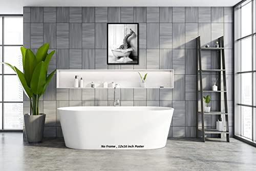 Funny Bathroom Decor Giraffe Animals Bathtub Poster–Unframed (12 x 16 Inch)– Bathroom Wall Decor, Black and White Bathroom Decor, Giraffe Wall Art Photo Pics Poster Funny Bathroom Modern Cute Chic Cool Unique Bathroom Sign